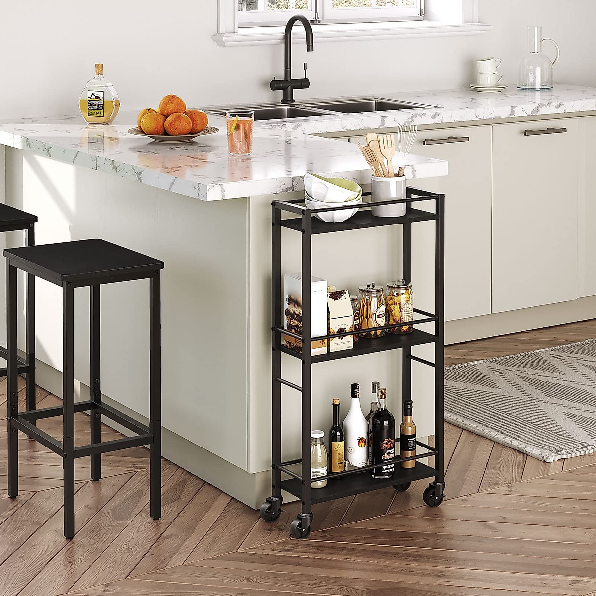 MAHANCRIS Slim Rolling Cart, Mobile Kitchen Cart on Wheels, Narrow Storage Cart for Small Space, Wooden Service Cart, for Bathroom, Laundry, Living Room, Black RCHB1501