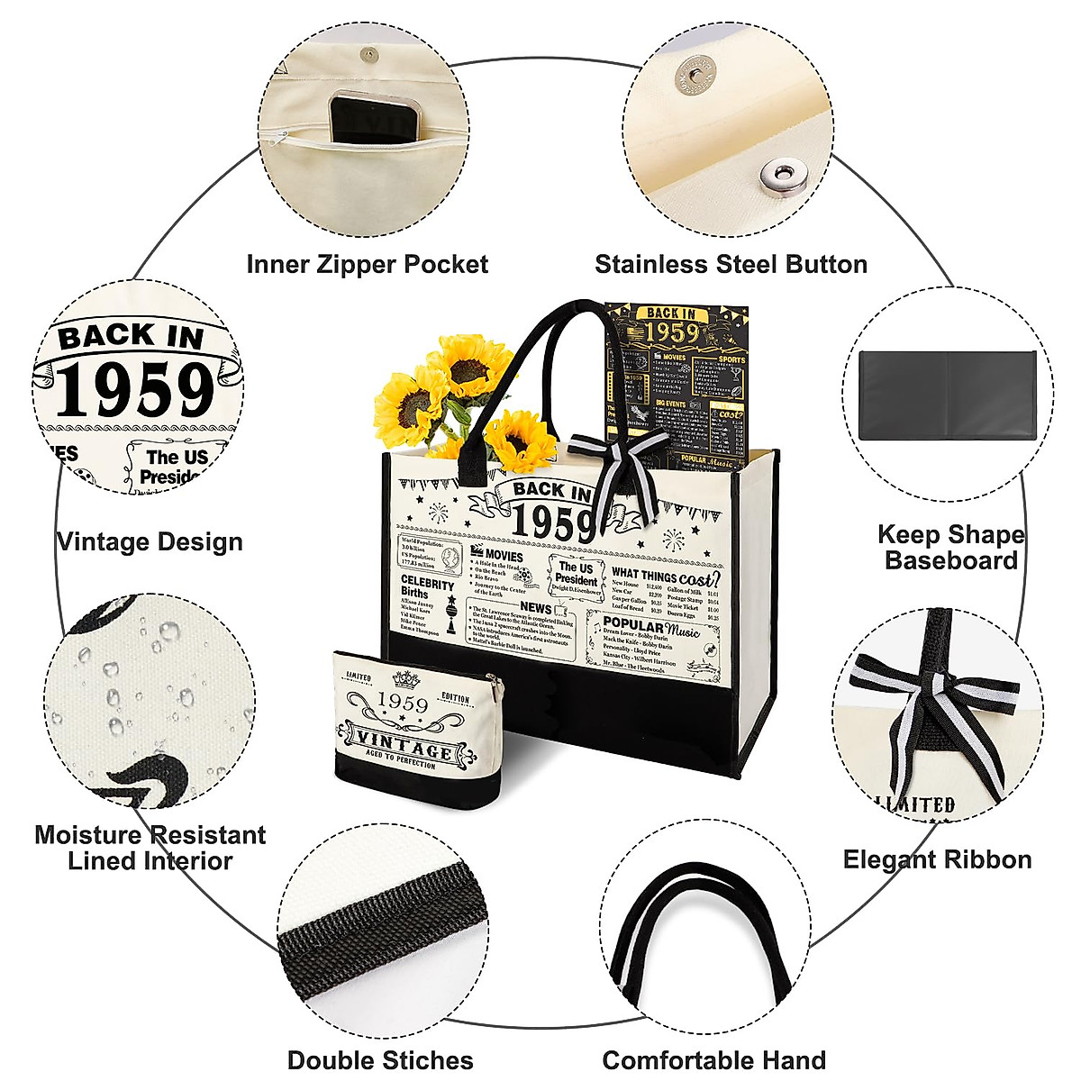 65th Birthday Gifts for Women Canvas Tote Bag Travel Gear, Unique 65 Years Old Birthday Gifts for Mom Wife Aunt Friends Her Turning 65, Vintage 1959 Beach Bag & Cosmetic Bag & Back in 1959 Poster