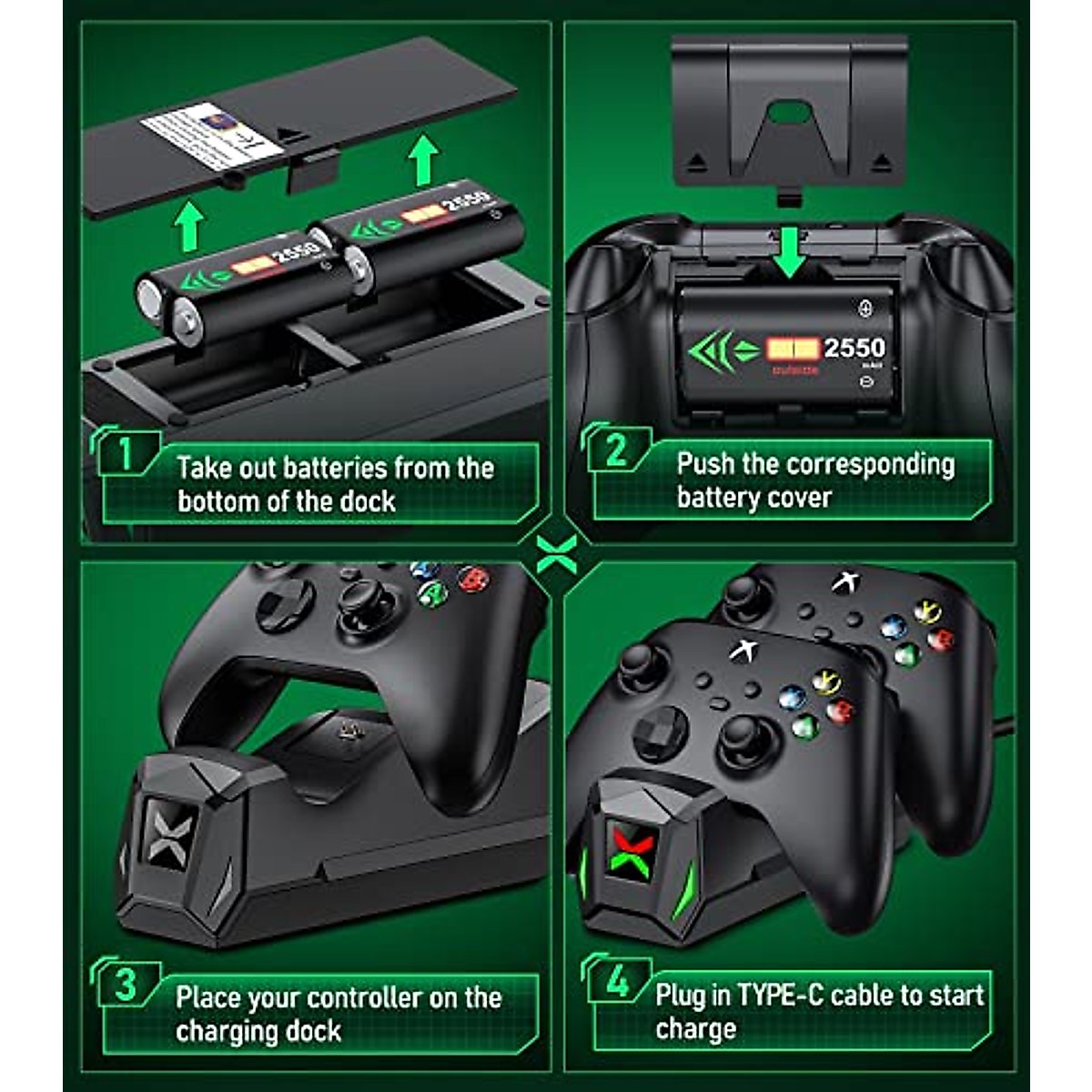 Controller Charger Station with 2x2550mAh Rechargeable Battery Packs for Xbox One/Series X|S Controller, Dual Charging Dock for Xbox One Controller Battery Pack with 4 Battery Covers for Xbox
