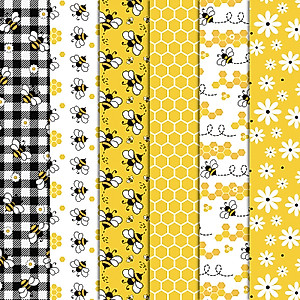 Whaline 6Pcs Summer Cotton Fabric Bundles Bee Daisy Honeycomb Plaid Fat Quarters Bee Theme Quilting Patchwork Squares for DIY Handmade Craft Decor, 18 x 22 Inch