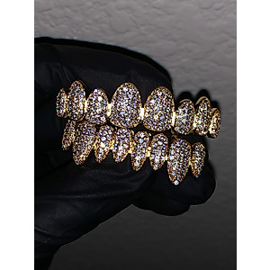 Shop-iGold 14k Gold Plated Joker Gold Grillz for Mouth Top Bottom Hip Hop Teeth Grills for Teeth Mouth Grillz for Mouth Top Bottom Hip Hop 8 Teeth Grills for Teeth Mouth Set