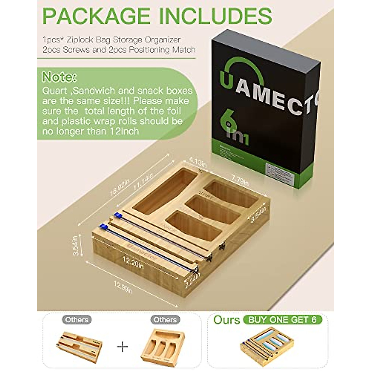 6 In 1 Ziplock Bag Storage Organizer, Foil and Plastic Wrap Organizer, Uamector Bamboo Aluminum Foil Dispenser with Cutter for Kitchen Drawer, Applies to Gallon Quart Sandwich Snack Bags, Cling Film Aluminum Foil, etc