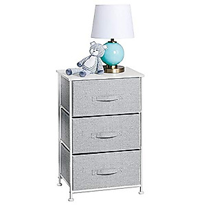 mDesign Vertical Dresser Storage Tower - Sturdy Steel Frame, Wood Top, Easy Pull Fabric Bins - Organizer Unit for Child/Kids Bedroom or Nursery - Textured Print - 3 Drawers - Gray/White