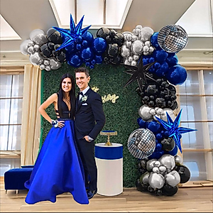 yeewaka royal blue and black silver disco balloon garland arch kit 170+pcs with 4D disco ball diy Star balloons mylar balloon for Birthday graduations Prom disco party decorations