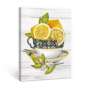 SUMGAR Lemon Wall Art Farmhouse Yellow Kitchen Wall Decor Fruit Summer Paintings Lemon Tea Cup with Flower Pictures Artwork Living Room Dining Room Pantry 12 x 16 in