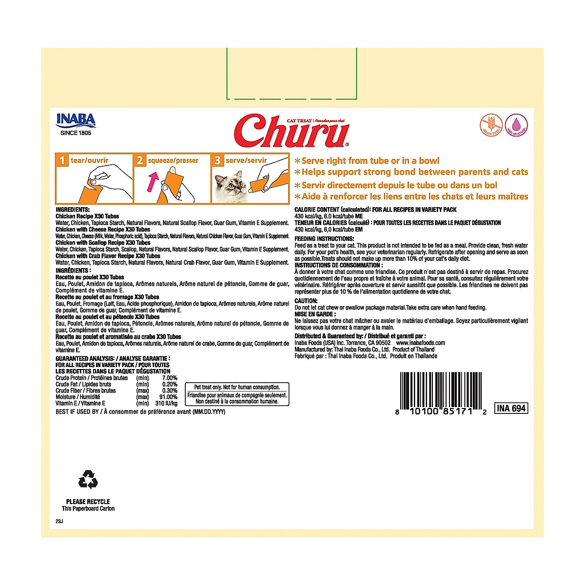 INABA Churu Cat Treats, Lickable, Squeezable Creamy Purée with Vitamin E, 0.5 Ounces per Tube, 120 Tubes Total, Chicken Variety