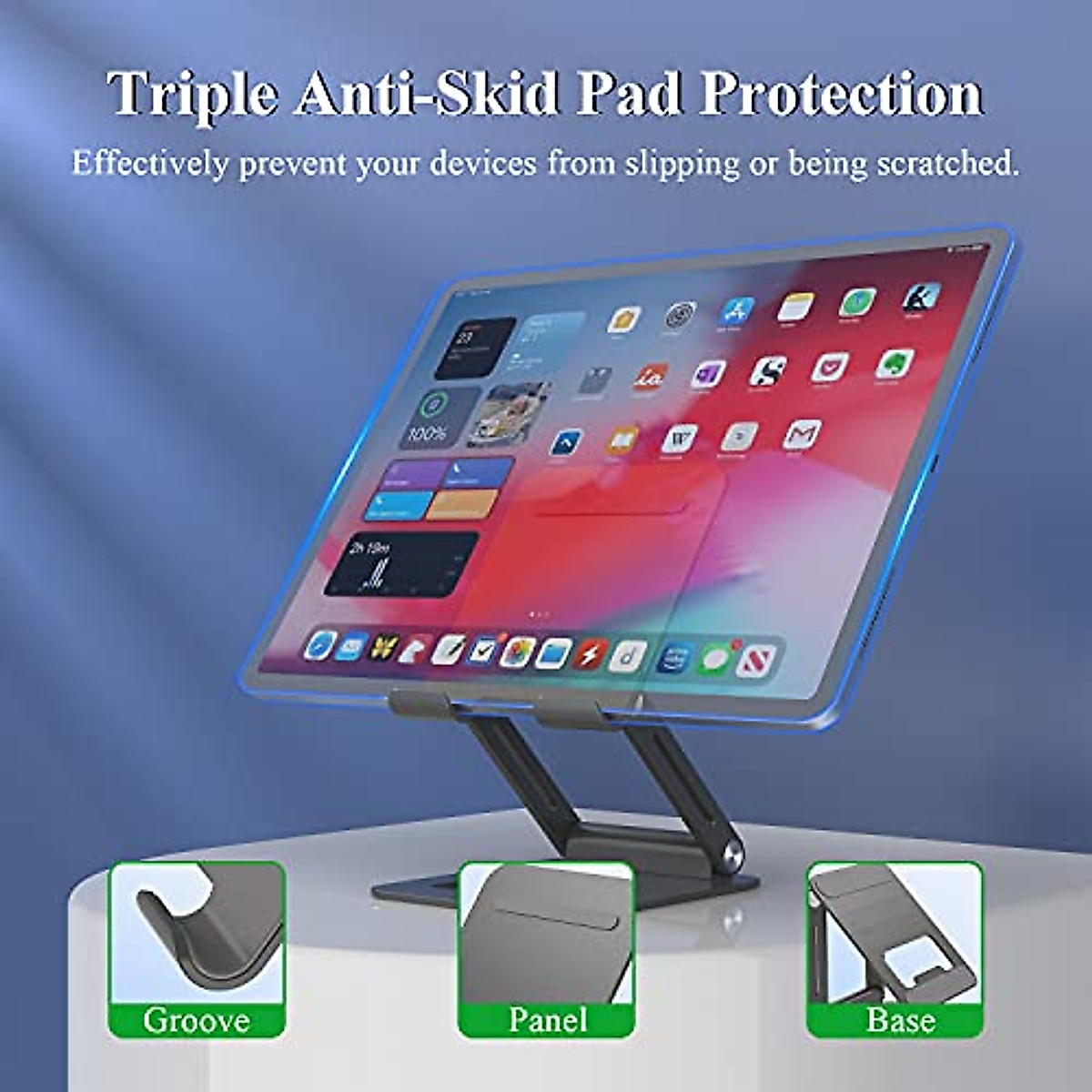 Minthouz Tablet Stand, Adjustable & Foldable Tablet Holder, Compact Aluminum Phone Stand with Anti-Slip Pads, Compatible with All 4.7-12.9 inches Mobile Phones/E-Readers/Tablets/Ultrabooks - Gray