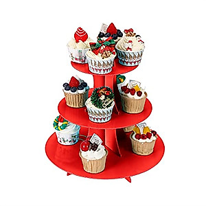 YLDW 3-Tier Cupcake Stand, Cake Stand Holder, Tiered DIY Cupcake Stand Tower for Dessert Table Displays, Birthday Theme Party Favors Decoration, Floral Tea Party, 12" W x 12.8" H, Red