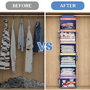 Fixwal 6-Shelf Weekly Hanging Closet Organizer for Kids with 6 Side Pockets, Weekday Kids Clothes Organizers Monday Through Friday Clothes Foldable Hanging Storage Shelves (Blue)