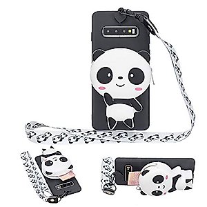 Girlyard for Samsung Galaxy S10 Plus Silicone Case with 3D Cartoon Animal Zipper Wallet Purse Stand Holder Cover and Long Detachable Lanyard Strap Phone Case for Kids Girls,Black Panda