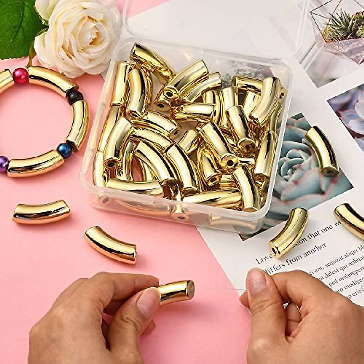 LiQunSweet 50 Pcs Golden Acrylic Noodles Beads Long Curved Tube Bead Spacers for DIY Bracelet Anklet Necklace Jewelry Making - 34mm