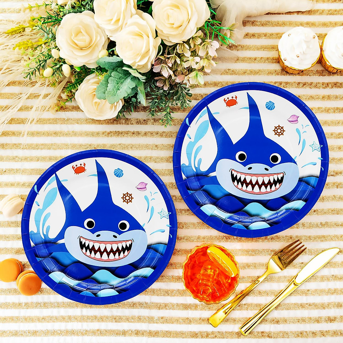40Pcs Shark Party Supplies Blue Ocean Shark Paper Plates Blue Ocean Tableware Set 7"Ocean Animal Shark Dessert Plates for Under the Sea Themed Boy Baby Shower Blue Ocean Shark Party Decoration(Shark)
