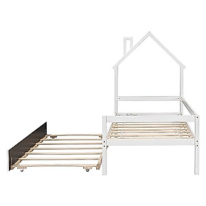 GEEVIVO Twin Daybed with Trundle, Wooden Twin Size Platform Day Bed Frame with House-Shape Headboard, Modern Sofa Bedframe for Boys/Girls/Teens/Kids Bedroom, No Box Spring Required (White)