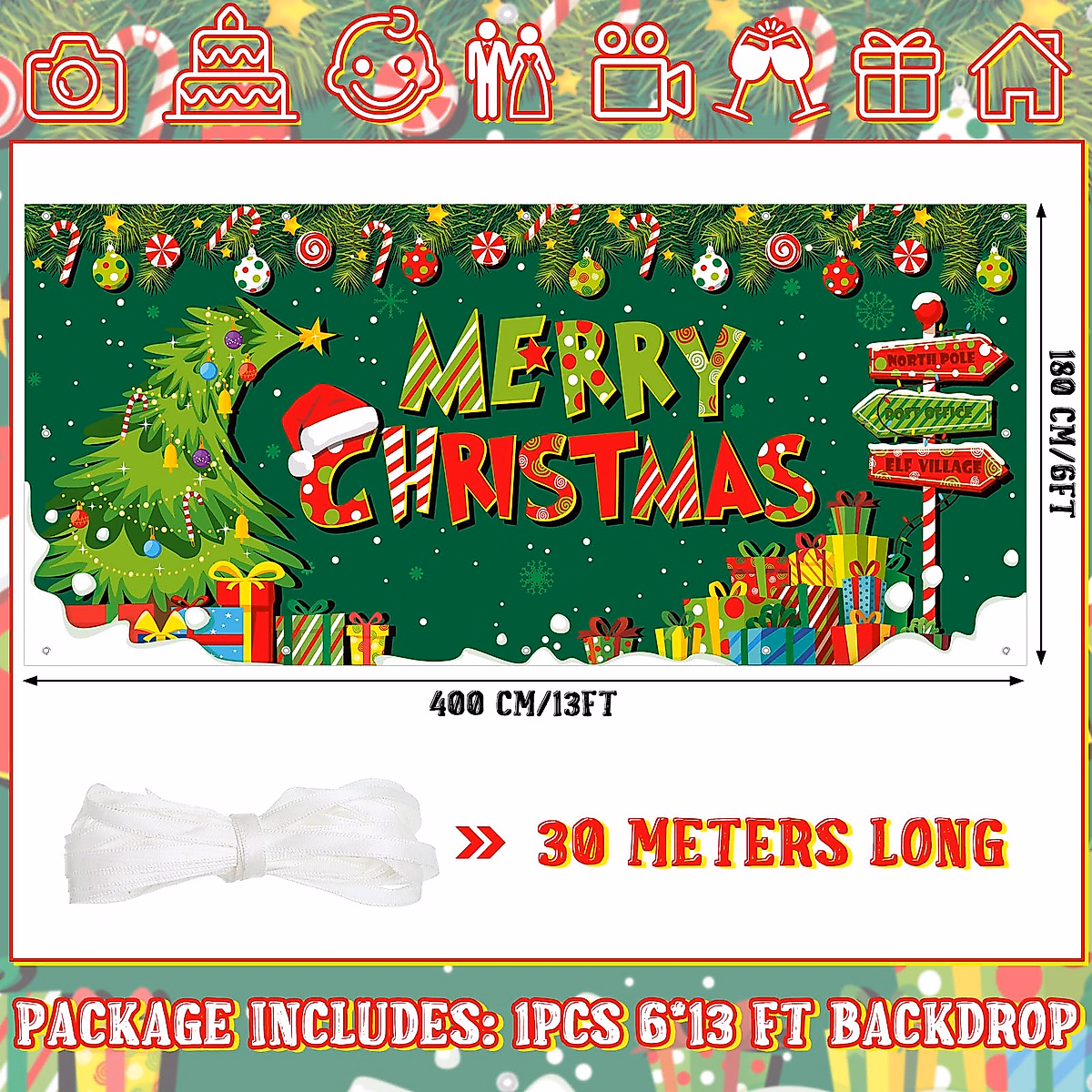 Ganeen Red Green Christmas Outdoor Garage Door Banner Cover 6x13ft Large Merry Christmas Backdrop Decoration Winter Holiday Background Sign for Xmas Garage Door Wall