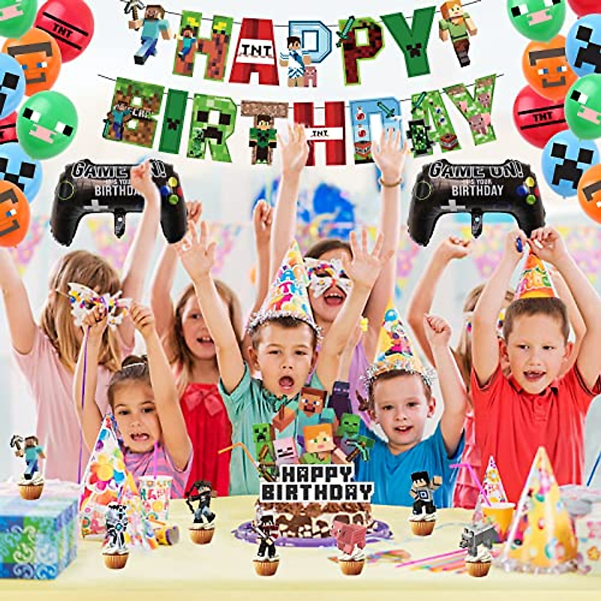 Pixel Themed Birthday Party Supplies, Pixel Style Birthday Banner, Gamer Balloons, Pixel Cake and Cupcake Toppers for Boys Miner Video Game Theme Party Decorations