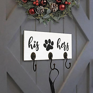 10 o'clock Decorative Key Holder & Dog Leash Hook Wall Mount for Entry Way, Kitchen, & Mudroom, His Hers & Paw Print Triple Hook, 10" x 5"