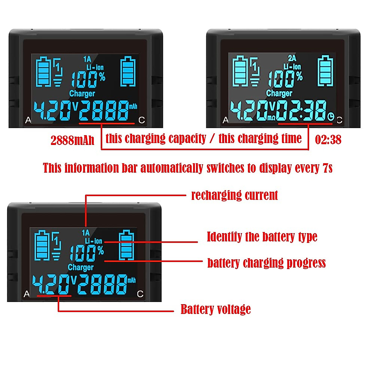 LCD2-T 18650 Battery Charger, LCD Screen Can Display Capacity, with Battery Capacity Tester, 2A Fast Charger Discharg 2bay, for 3.7v Rechargeable Lithium Battery and 1.2v Ni-Mh/Ni-Cd AA AAA Battery