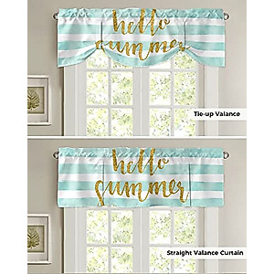 Tie-up Valances for Windows HELLO SUMMER Gold Round Spots on Blue and White Stripes Kitchen Window Curtains Adjustable Farmhouse Valance Curtains for Bedroom Living Room Bathroom 42x12in, 1 Panel