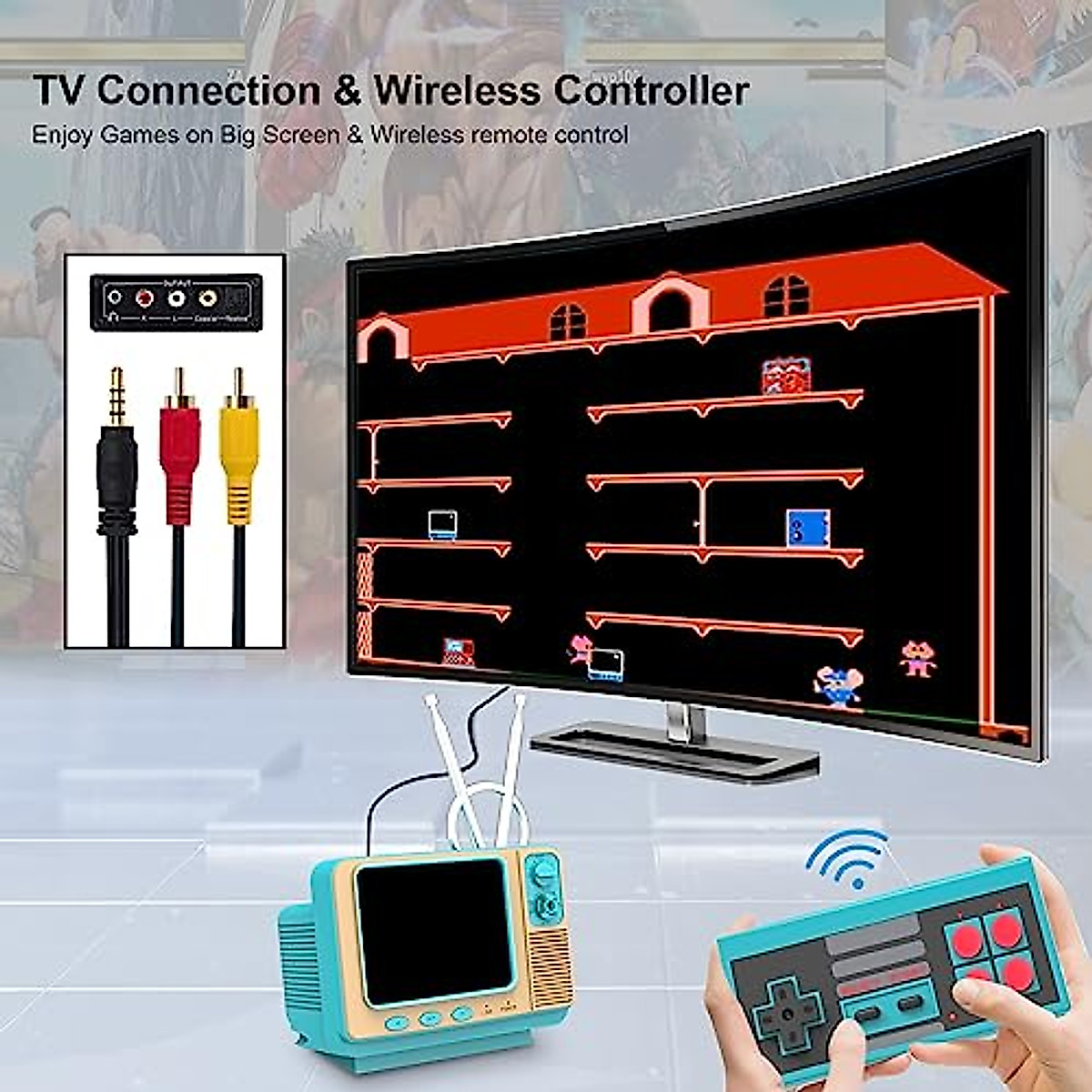E-MODS GAMING Retro Games Console GV300S Mini TV Style 308 Video Games Player with Handheld Gamepad & AV Output - 3.0 Inch Screen Electronic Games Machine Xmas Gift for Kids Adults (Turquoise)