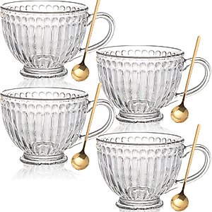 Dicunoy Set of 4 Glass Cappuccino Mugs with Spoons, 14 OZ Jumbo Tea Cups with Handle, Thick Vintage Wide Mouth Large Coffee Mugs for Cocoa, Milk, Water, Cereal, Ice Cream
