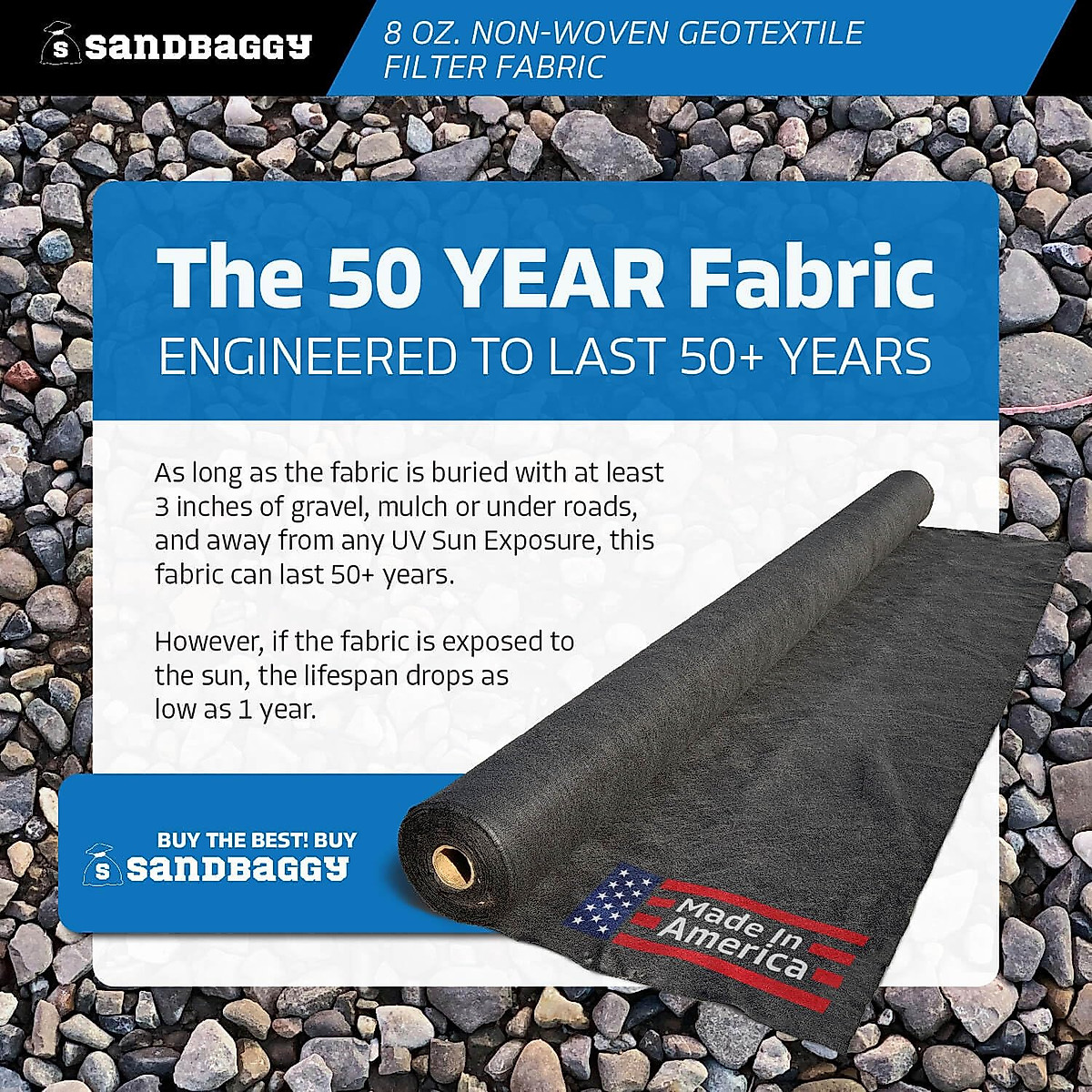 Sandbaggy Non Woven 8 oz Geotextile Landscape Fabric | Made in America | 50 Year Fabric | Industrial Grade Fabric | 205 Lbs of Tensile Strength | UV Protected | Approved by DOT (3 ft x 100 ft Roll)