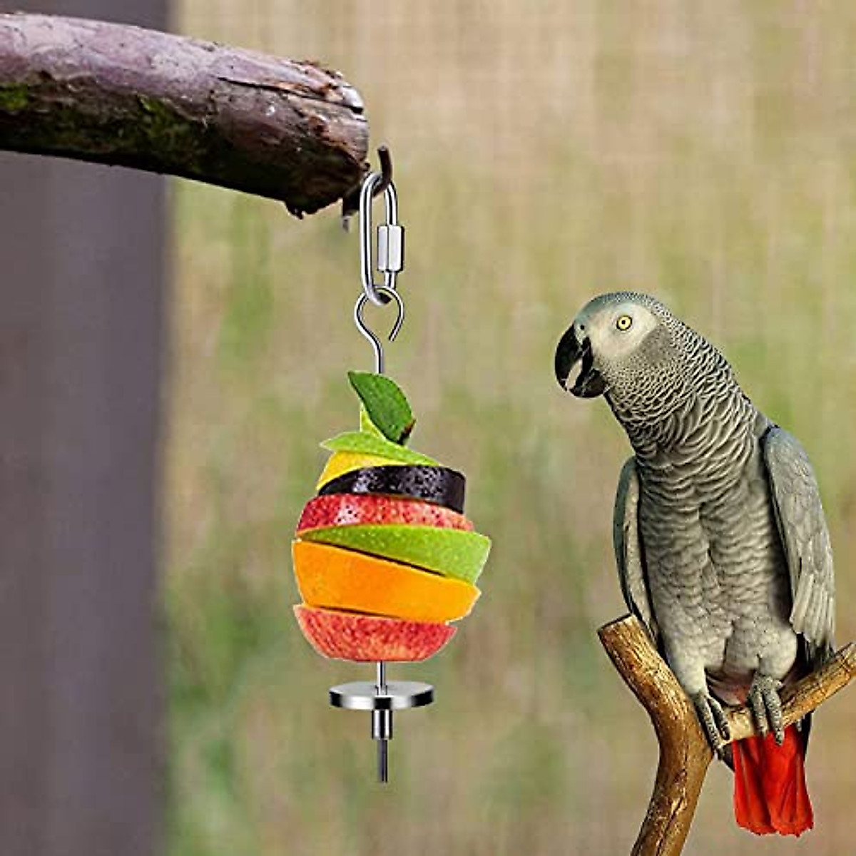 PhantomSky 4PCS Bird Treat Skewer Food Holder, Bird Hanging Stainless Steel Parrot Fruit Vegetable Food Feeder Holder Cage Parakeets Budgie Foraging Toy Include 2 Fruit Fork 1 Food Basket 1 Water Bowl