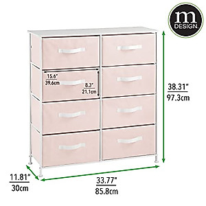 mDesign 38.31" High Steel Frame/Wood Top Storage Dresser Furniture, 8 Fabric Drawers, Large Bureau Organizer for Baby, Kid, Teen Bedroom, Nursery, Playroom, Dorm, Jane Collection, Pink/White