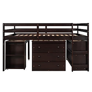 Low Full Loft Bed with Desk and Dresser Wood Kids Loft Beds Frame with Cabinet & Storage Shelves & Rolling Portable Desk for Juniors, Teen, Boys, Girls, Full Size, Espresso