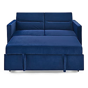FANYE Velvet Upholstered Loveseat Sleeper w/Side Storage Pockets, 54.5" 2-Seaters Sofa with Pull-Out Couch Bed with Adjustable Cushions Backrest for Living Room Apartment Office Small Space, Blue