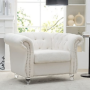 39" Chesterfield Single Sofa Chair Acrylic Crystal Leg Teddy Fabric Upholstered 1 Seater Sofa with Tufted Back,Roll Arm Settee Couches for Living Room Furniture (White + Polyester, Single Sofa)