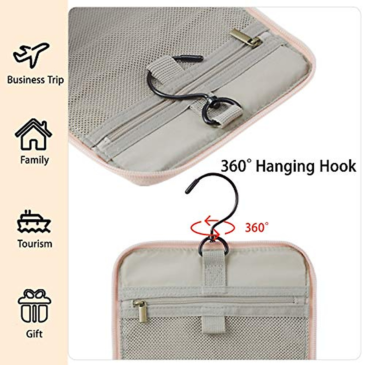 BAGSMART Hanging Toiletry Bag, Water-resistant Leather Dopp Kit, Large Travel Organizer for Full Sized Container, Nude Pink