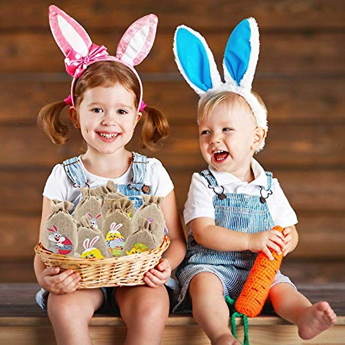 DERAYEE 36Pcs Easter Burlap Bags with Drawstring, Jute Linen Gift Bags Bunny Eggs Goodie Candy Bags for Kids Easter Party Favors
