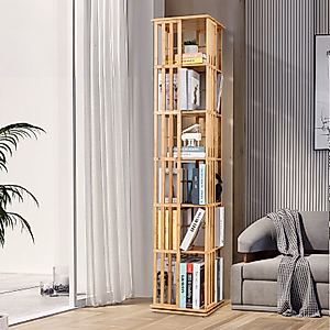 Magshion Rotating Bookcase 6-Tier Corner Shelf Bamboo Media Storage, 71" High Revolving Floor Standing Storage Organizer for Living Room, Natural