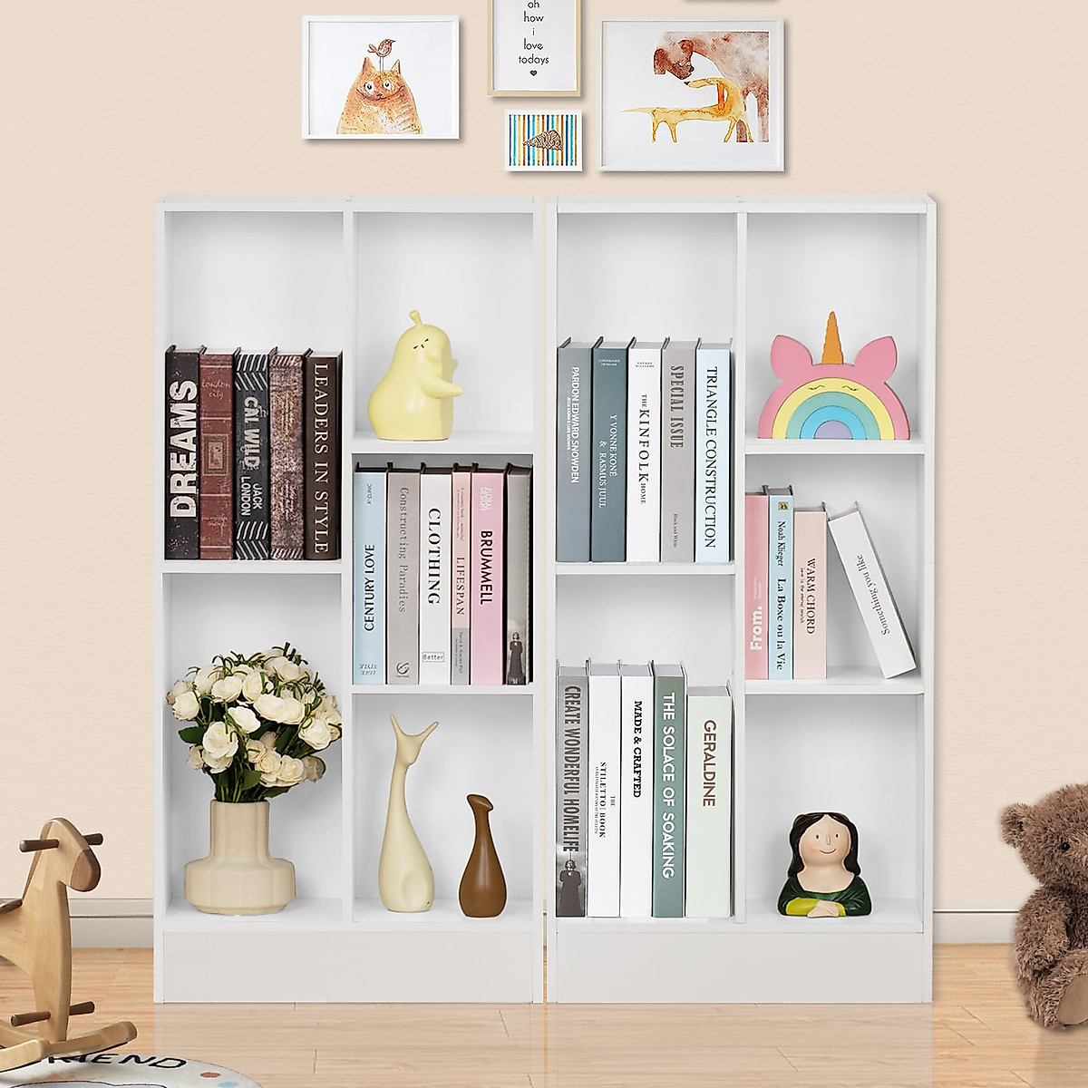 YAHARBO 5 Cube White Bookshelf,Small Modern Horizontal Bookcase,Wood Floor Standing Low Bookshelves Display Storage Cabinet with Base, Short Book Shelf Open Organizer for Bedroom,Living Room,Office