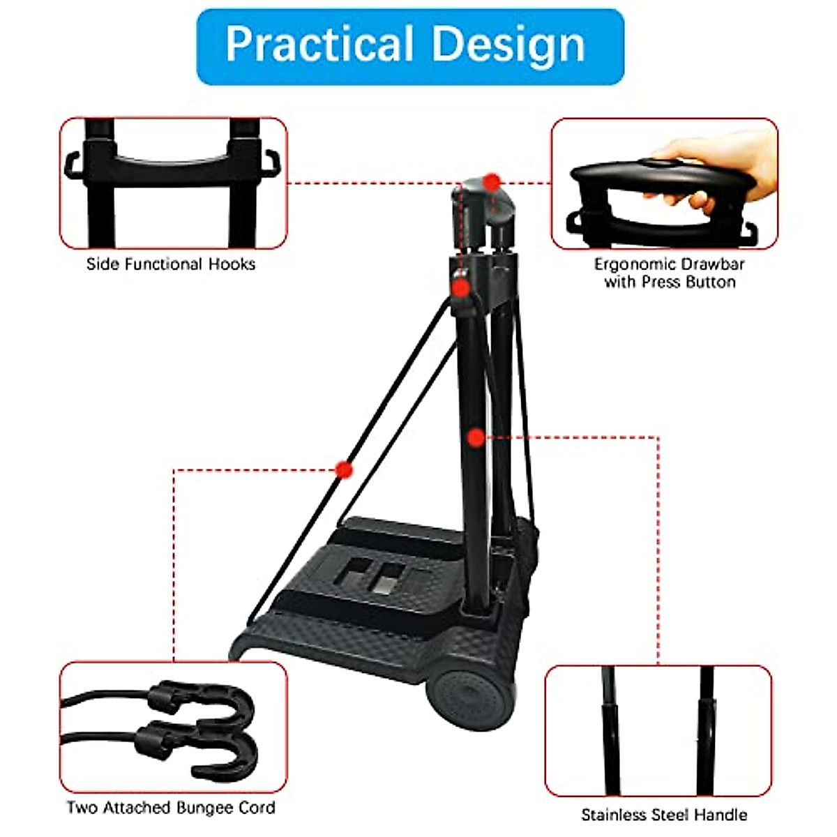 Folding Shopping Cart Utility Rolling Crate Compact Hand Truck Dolly on Wheels with Removable Waterproof Bag Telescoping Handle Heavy Duty 50kg/110lbs for Moving Travel Grocery Laundry Office(Black)