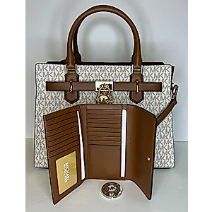 MICHAEL Michael Kors Hamilton MD Satchel bundled with Trifold Wallet and Purse Hook (Signature MK Vanilla/MK Vanilla)