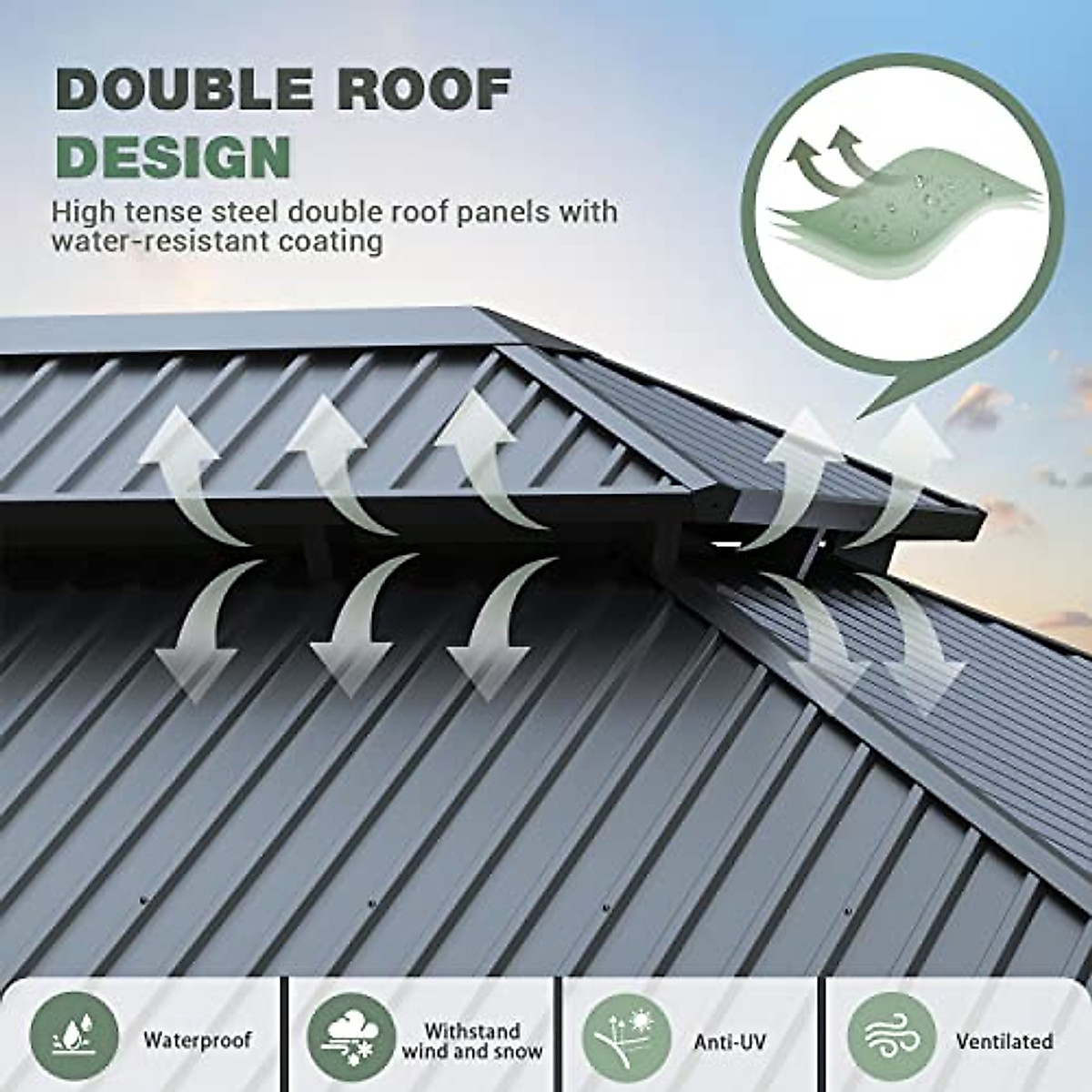 Greesum 12'x20' Hardtop Metal Gazebo, Outdoor Galvanized Steel Double Roof Canopy, Aluminum Frame Permanent Pavilion with Netting and Curtains for Lawns, Patio, Backyard and Deck