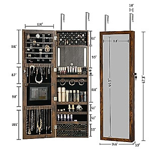 MASMIRE Full Length Mirror Jewelry Armoire With Built-In Touch Light - 47.3' H Cabinet With Wall Mount/Over The Door Mirror, Jewelry Storage and 4 Drawers - Rustic Brown