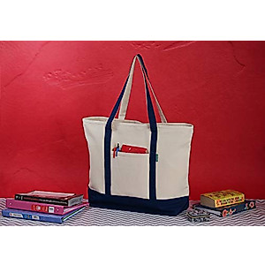 Heavy Duty Cotton Canvas Reusable Tote Bag with with an External Pocket and Top Zipper Closure