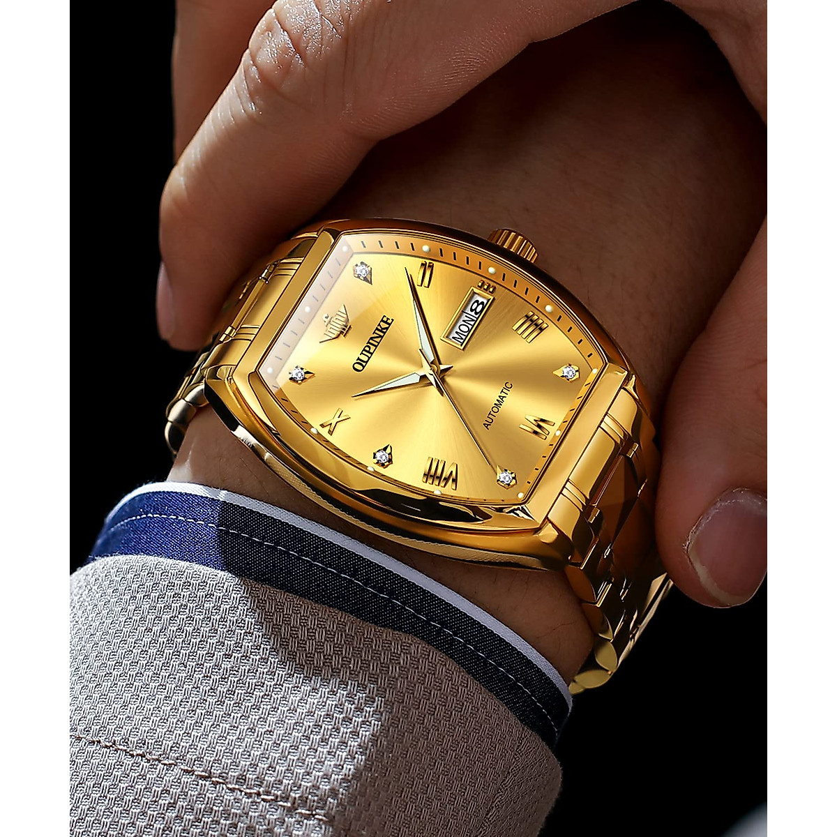 OUPINKE Gold Watches for Mens Automatic Mechanical Luxury Dress Tonneau Tungsten Self Winding Waterproof Male Wrist Watch