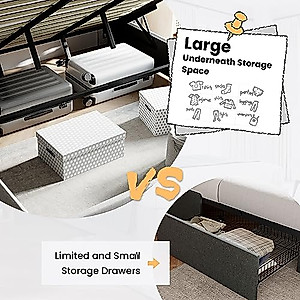 SHA CERLIN Queen Size Lift Up Storage Bed/Button Tufted Wingback Headboard/Hydraulic Storage/Upholstered Platform Bed Frame/No Box Spring Needed/Wood Slats Support/Light Beige