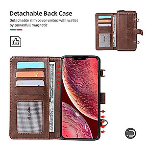QIXIU for iPhone 12 Pro Max Wallet Case, Multi-Function Wallet Case, Detachable 3 in 1 Magnetic iPhone 12 Pro Max Case Wallet, Flip Strap Zipper Card Holder Phone Case with Shoulder Straps(Brown)