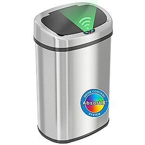 iTouchless 13 Gallon SensorCan Kitchen Trash Can with Odor Filter, Stainless Steel, Oval Shape, Sensor-Activated Lid Garbage Bin for Home, Office, Slim Space-Saving, Battery & AC Adapter not included