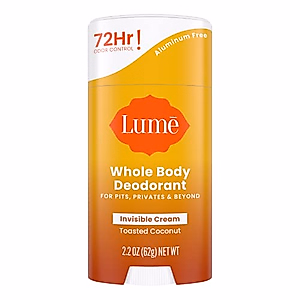 Lume Whole Body Deodorant - Invisible Cream Stick - 72 Hour Odor Control - Aluminum Free, Baking Soda Free, Skin Safe - 2.2 ounce (Toasted Coconut)