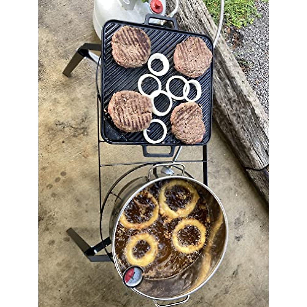 Bayou Classic DB250 Dual Burner High Pressure Cooker Features 12.5-in Tall Welded Steel Frame Dual 14-in Cooking Surfaces Dual 4-in Burners Dual 36-in Stainless Braided Hoses