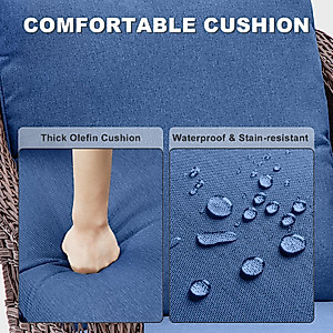 Buenhomino Outdoor Patio Sofa Couch - 3 Seater All Weather Rattan Conversation Sofa Porch Furniture Wicker Sofa with Deep Seat High Backrest for Deck Porch Balcony Garden - Brown/Blue