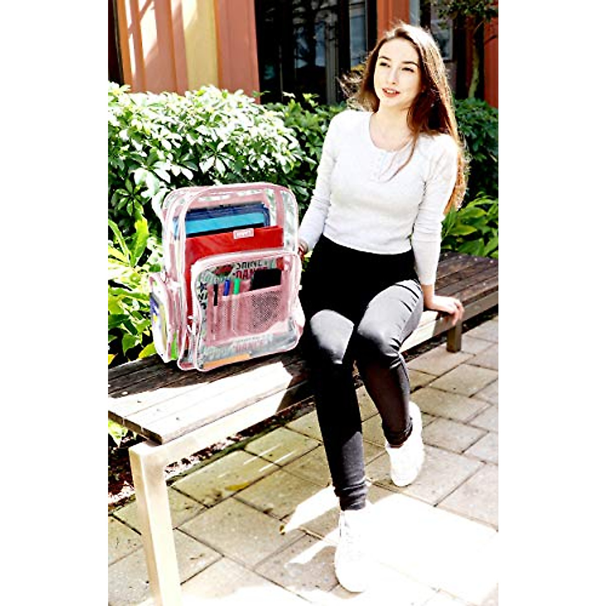 SMARTY Large Heavy Duty Clear Backpack V6 Durable Transparent See Through Bag (Ash Pink)