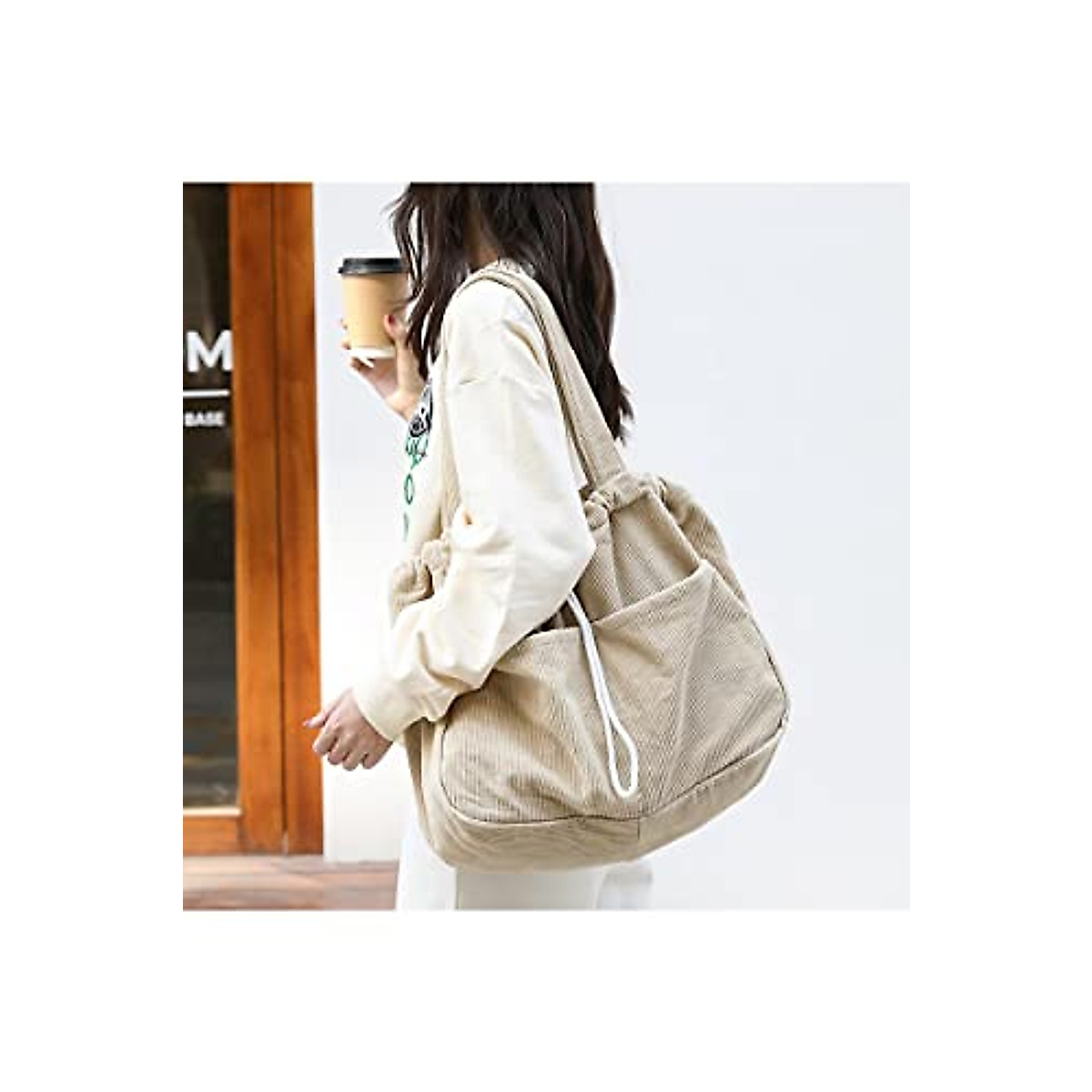 Ulisty Women Large Capacity Corduroy Drawstring Tote Bag Pockets Shoulder Bag Casual Handbag Hobo Bag Shopping Bag red