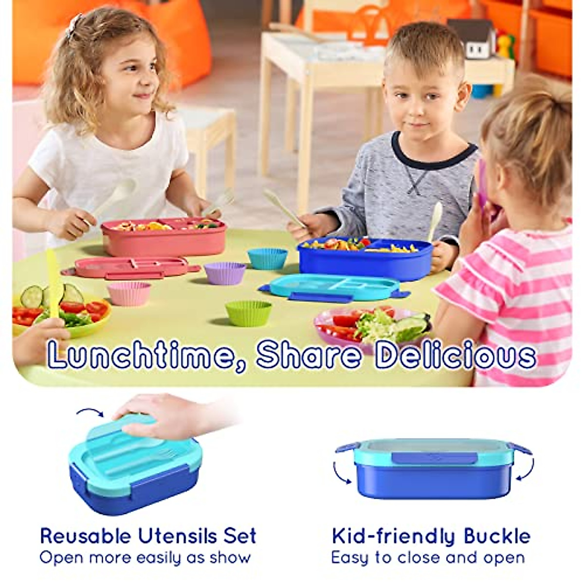 TIME4DEALS Bento Boxes for Adults 44oz - Leakproof 4 Compartments Lunch Containers Kids Bento School Lunch Boxes with Spoon & Fork, Perfect Size for On-the-Go Meal, Microwave and Food-Safe (Blue)