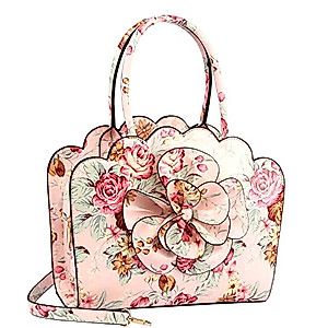3D Flower Applique Floral Leopard Print Patent Vegan Leather Satchel Handbag Wallet Set (Flower/Leopard Print - Brown)